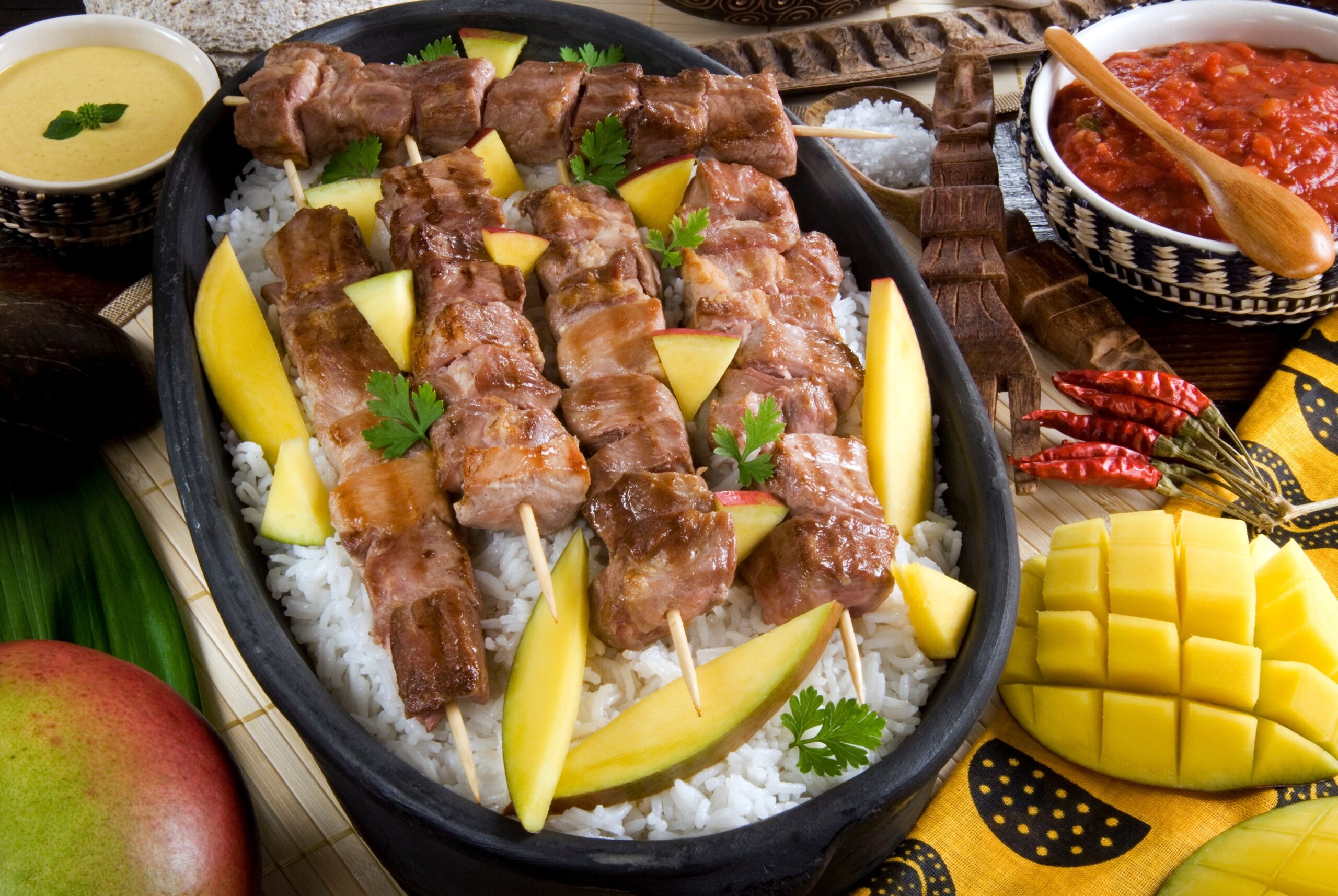 Madagascan,Food,,Mosakiki,,Zebu,Skewers,With,Mango,And,Rice,,Madagascar ...